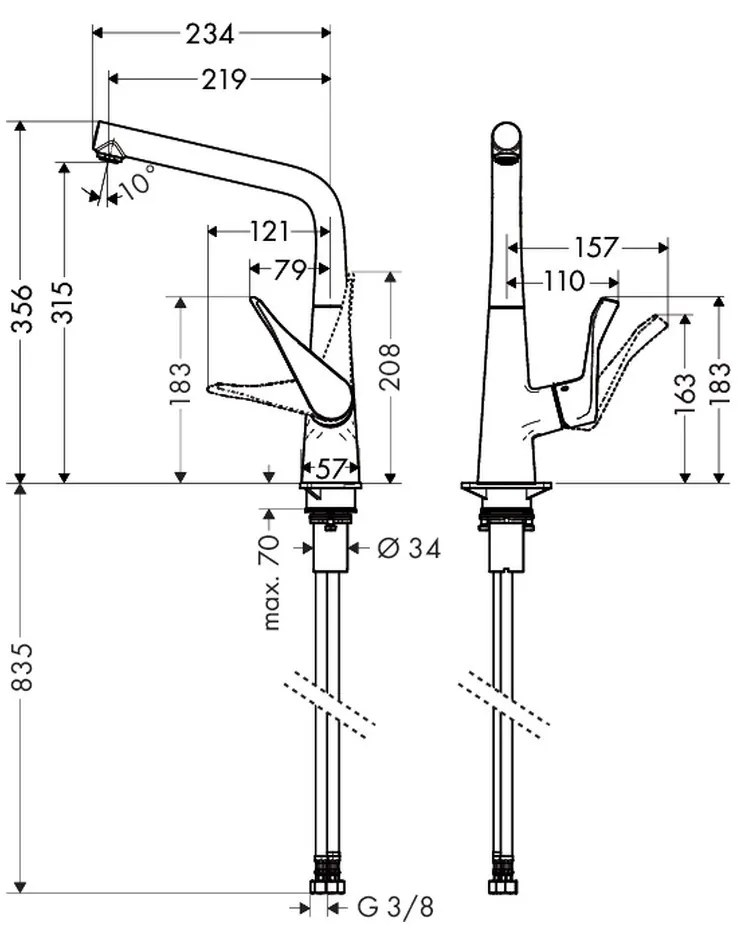 Hansgrohe Metris M71, kuchyňská páková baterie 320 1jet, instalace před okno, chromová, HAN-14823000
