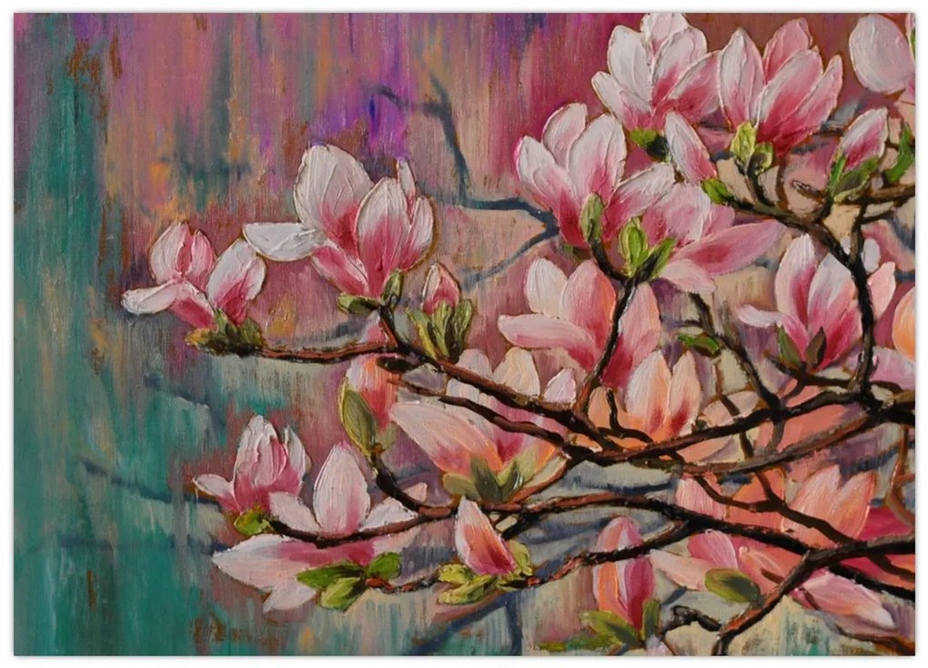 Skleněný obraz - Olejomalba, Rozkvetlá sakura (70x50 cm)