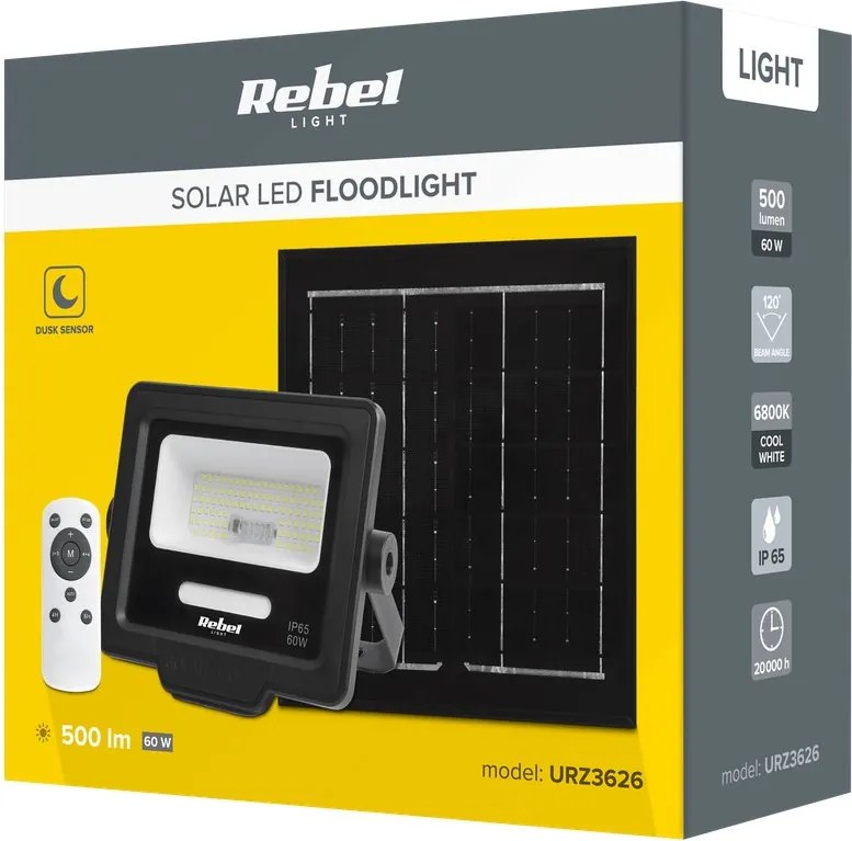 Solární reflektor REBEL URZ3626, 500lm, IP65, 6800K, 3,2 V, 4000mAh, 6W, černá