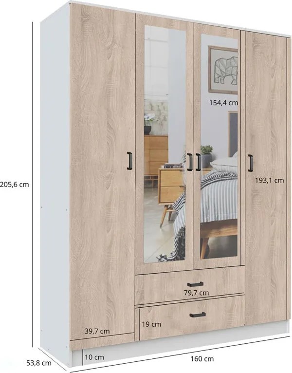 Skříň se zrcadlem 4d2s bílá / dub sonoma Kami