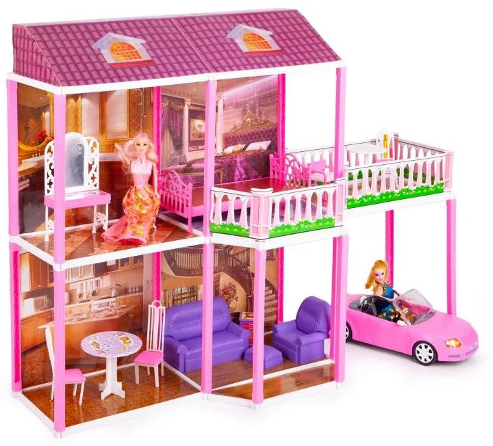 EcoToys Domeček pro panenky XXL s nábytkem, 2 panenky a kabriolet, 44215