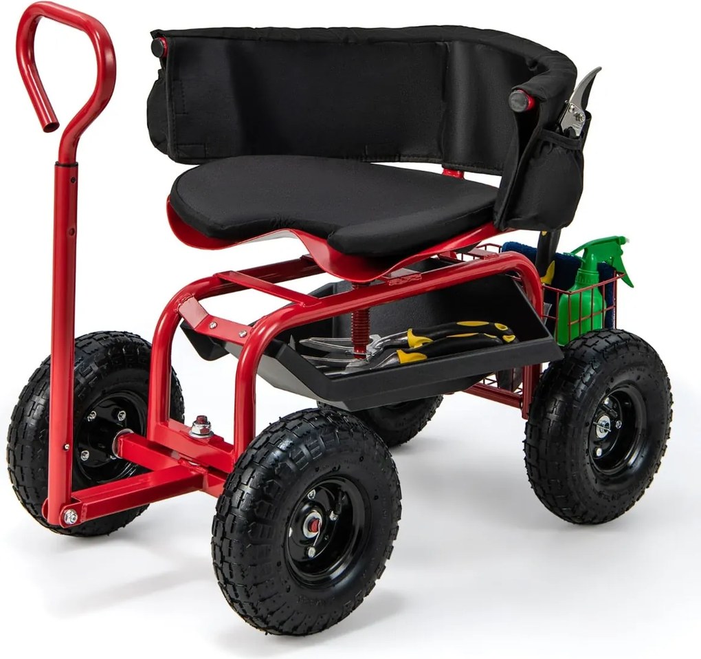 Costway Mobile Gardening Seat Zahradní vozík Řiditelný vozík na nářadí s úložným