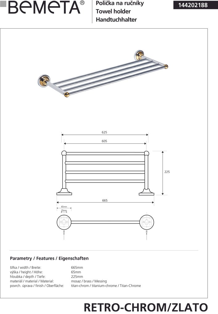 Bemeta Design RETRO gold-chrom: Držák ručníků, 605 mm -