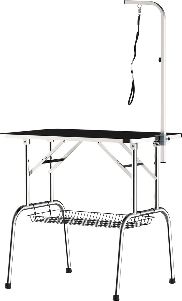 PawHut Grooming Table - Stůl na úpravu domácích zvířat, stříhací stůl s košíkem, skládací stůl pro psy, koupací stůl pro psy, výškově nastavitelný, ne