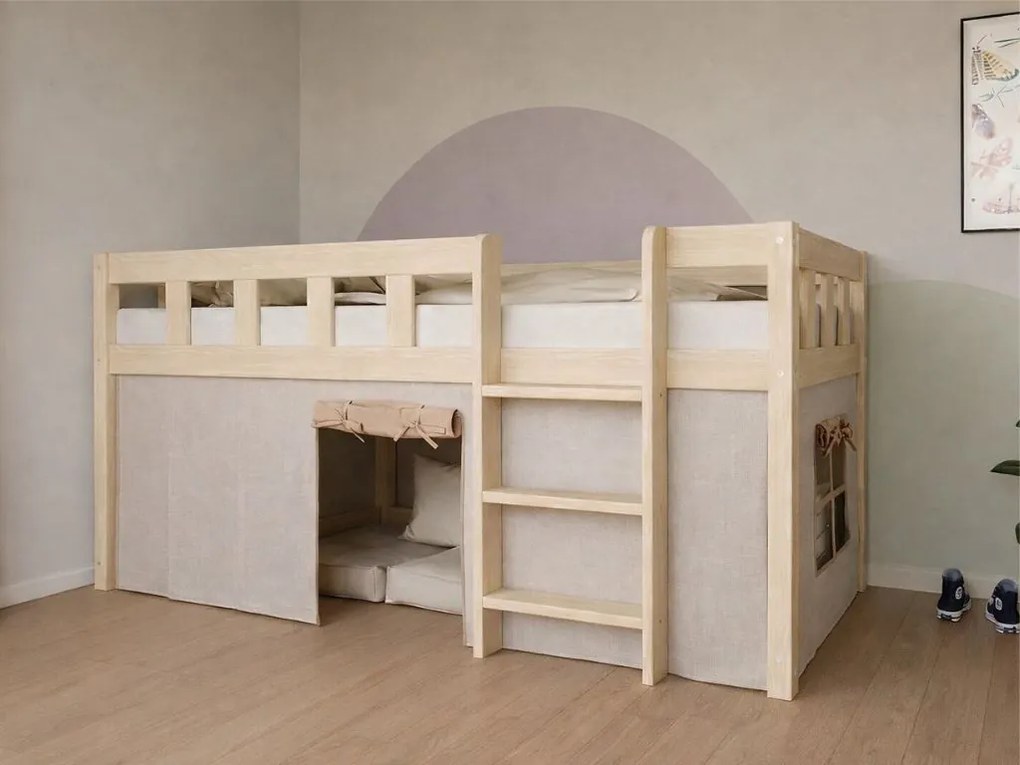Benlemi Nízká vyvýšená postel PLOTTY s žebříkem 90x200 cm Zvolte barvu: Světle šedá, Zvolte stranu: Vlevo, Zvolte variantu: Se závěsem