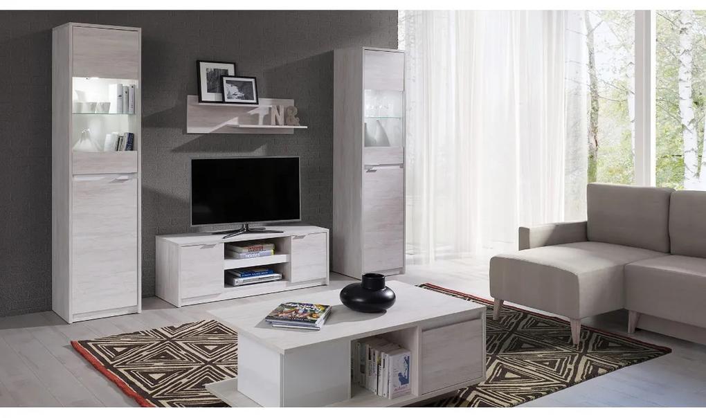 Expedo Obývací stěna KOLOREDO 2 + LED - TV stolek RTV2D + 2x vitrína s LED + konf. stolek + polička, dub bílý/grafit lesk