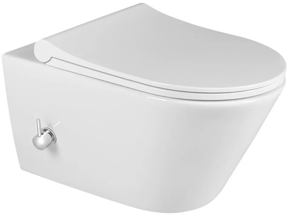 Sapho, AVVA PORTO závěsná WC mísa Rimless, integrovaná baterie a bidetová sprška 35,5x53 cm, bílá, 100315