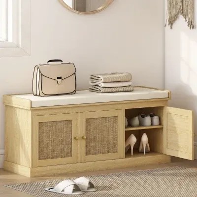 HOMCOM Botní lavice pro 9 párů, úložná lavice, 3 ratanové dveře, polštář a nastavitelný prostor, 105x35x47 cm, Dub