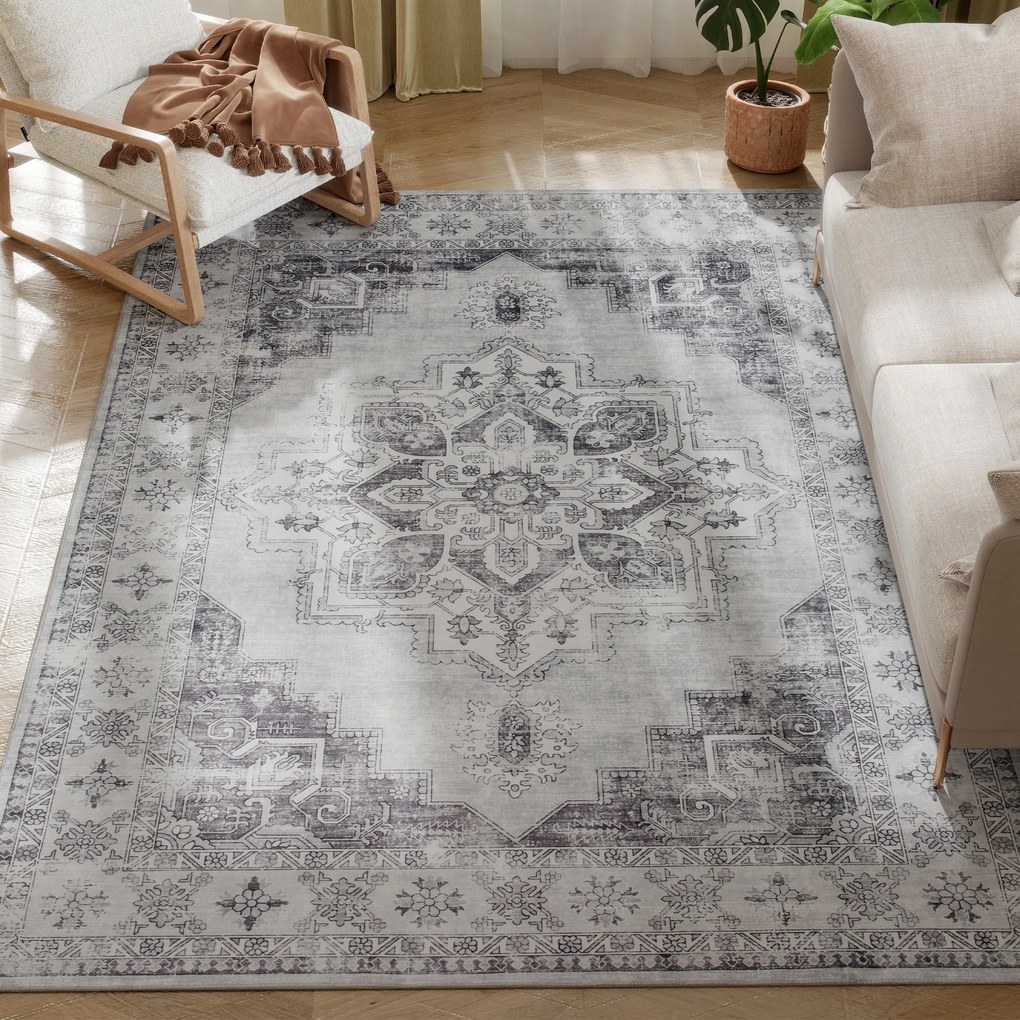 HOMCOM Pratelný protiskluzový vintage flanelový krátkosrstý koberec 230 × 160 cm, šedý | Aosom