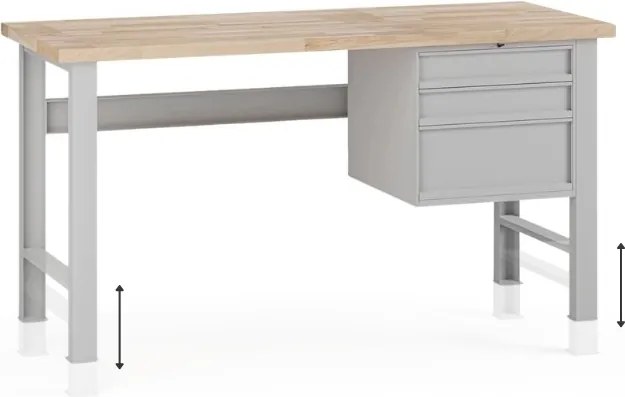 Výškově nastavitelný dílenský stůl G7, buková spárovka, 1700 x 800 x 840-1040 mm, 1x kontejner, 3 zásuvky, šedá