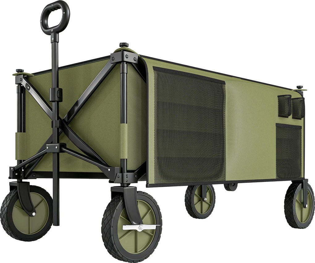 Bollerwagen, klappbar, 5 Seitentaschen, einziehbare Griff, bis 120 kg belastbar, Stahl, 108 x 55 x 93 cm, Grün