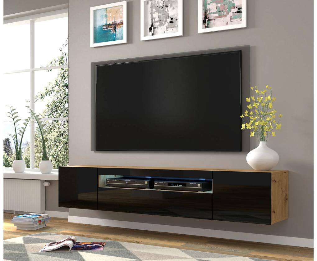 TV stolek/skříňka Aurinko 200 (dub artisan + lesklá černá) (s osvětlením). 1083443