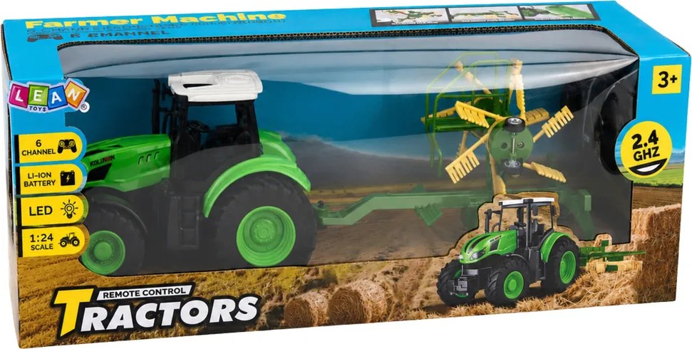 LEAN Toys Zemědělský traktor s hrabací lištou, dálkově ovládaný RC, se světly, měřítko 1:24