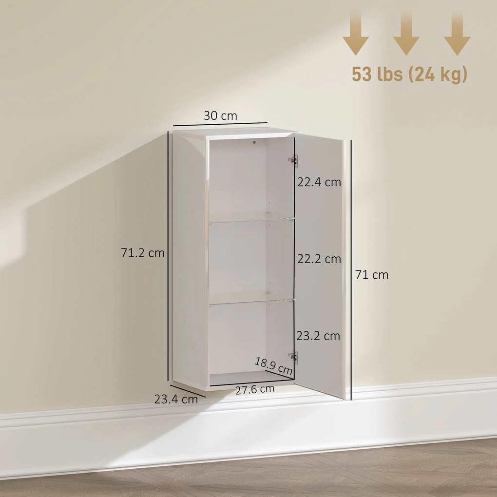 HOMCOM nástěnná koupelnová skříňka, bezúchytové dveře, 2 nastavitelné police z tvrzeného skla, 30 × 23,4 × 71,2 cm, lesklá bílá