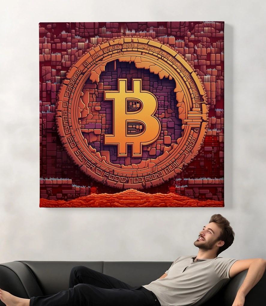 Obraz na plátně - Bitcoin, pixel art logo FeelHappy.cz Velikost obrazu: 100 x 100 cm
