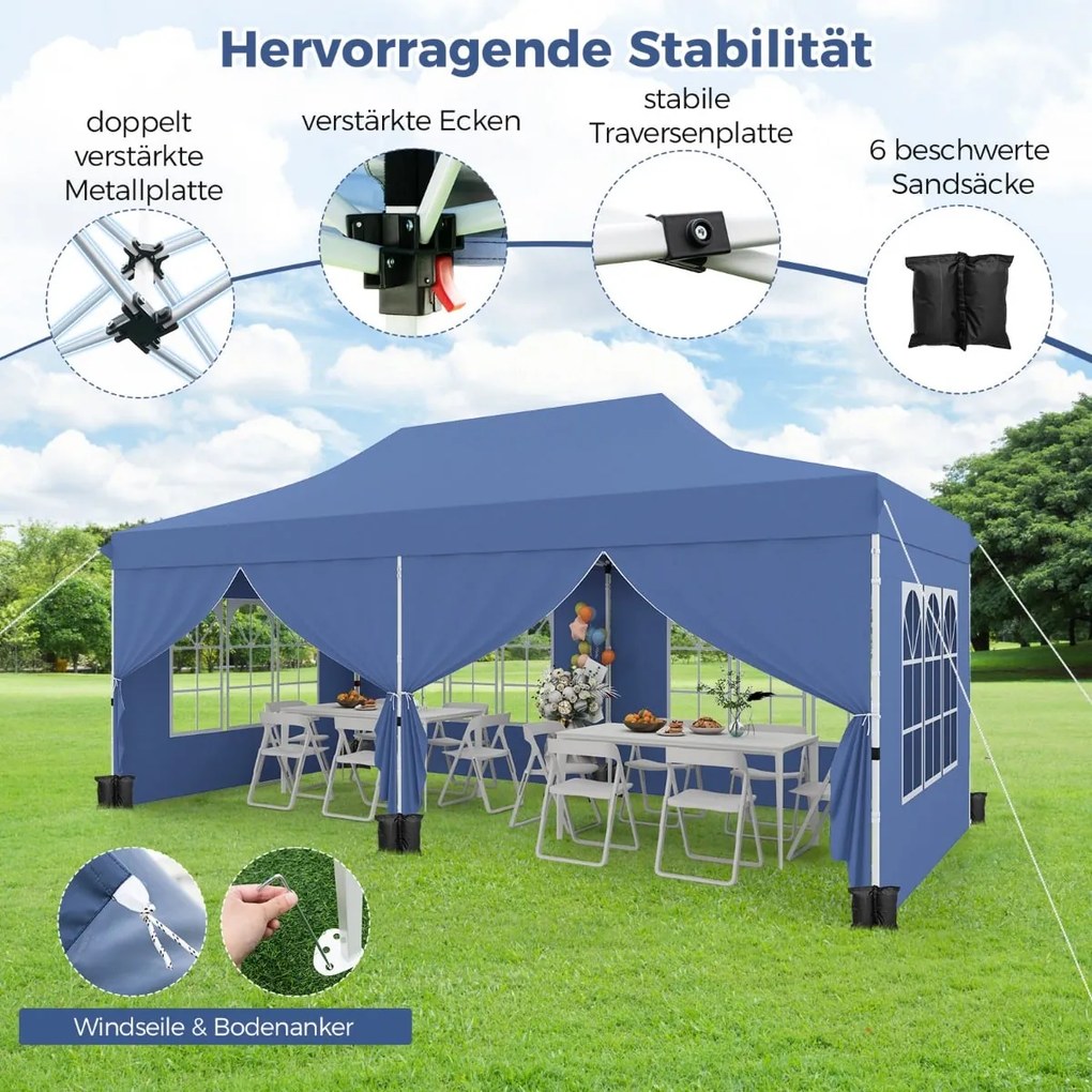 Costway Pavilon skládací pavilon s 6 odnímatelnými bočními stěnami a – modrý
