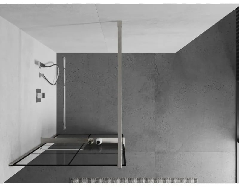 Mexen Kioto+, sprchová zástěna Walk-In s poličkou a věšákem 70 x 200 cm, 8mm čiré sklo černý vzor, broušená ocel profil, 800-070-121-97-77