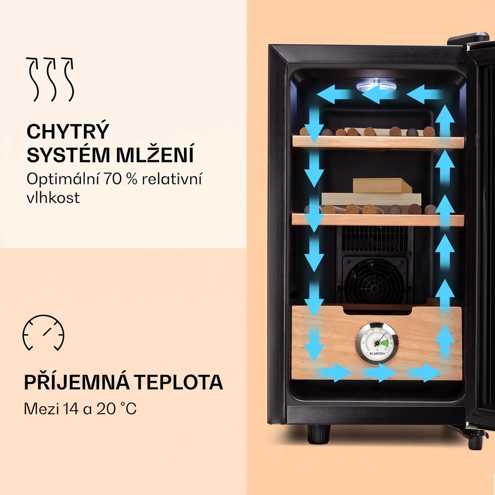 Klarstein El Presidente 23, humidor na doutníky, 23 l, 45 W, LED, dotykové ovládání, bukové dřevo