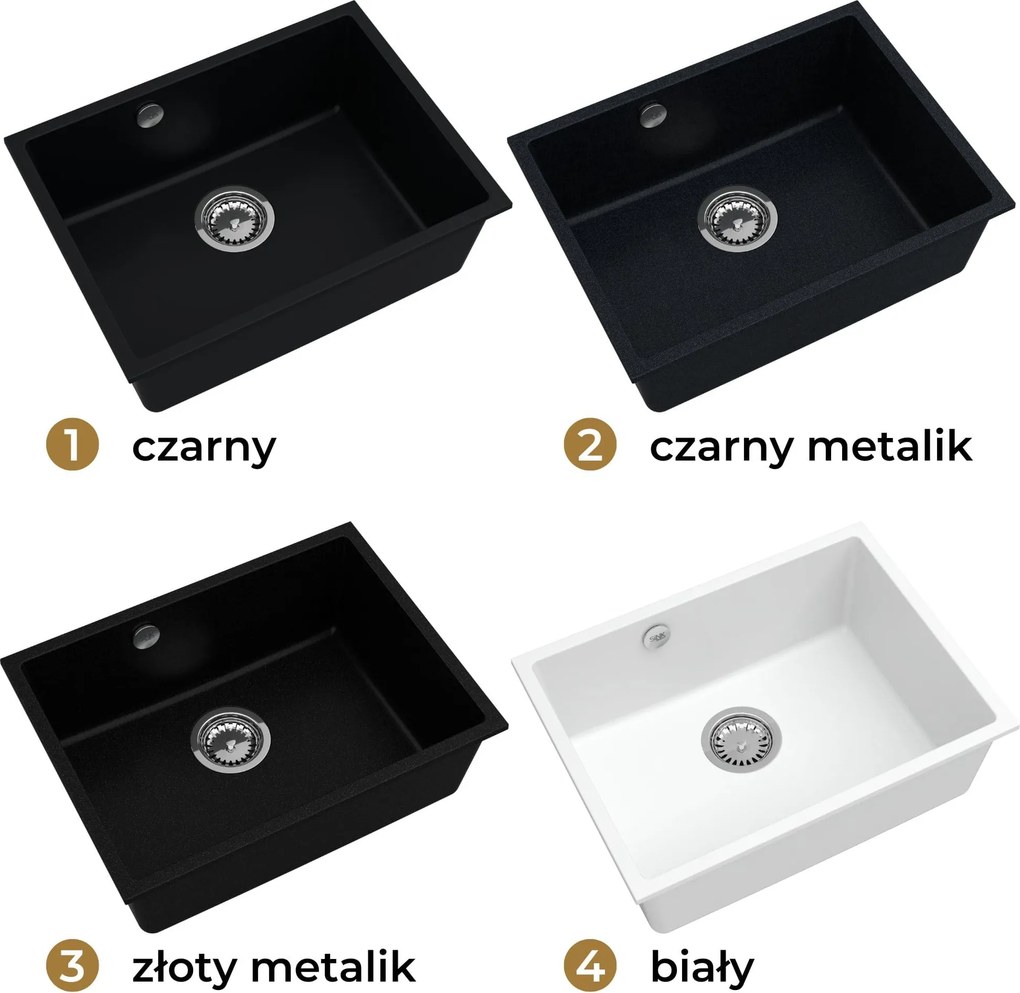Sink Quality Crypton 60, kuchyňský granitový dřez 535x400x205 mm + chromový sifon, černá skvrnitá, SKQ-CRY.B.1KBO.60.X
