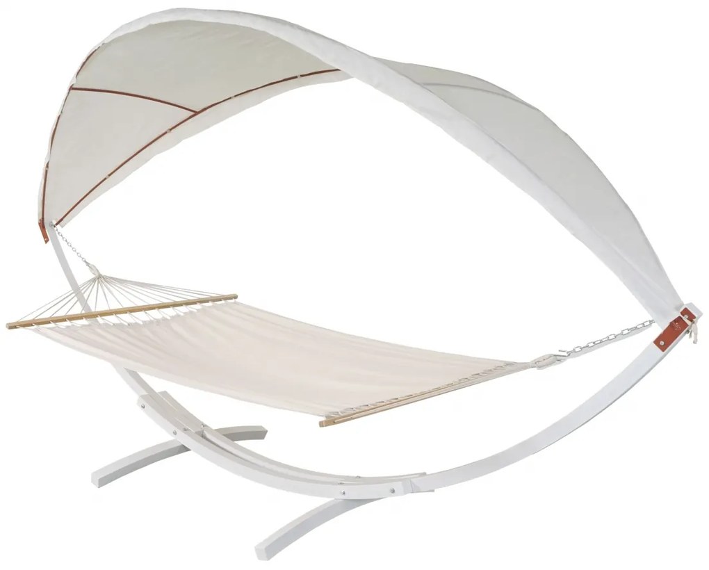 Houpací síť HWC-J47 se stříškou pro 2 osoby, dřevo, 420cm - bílá, krémově-bílá