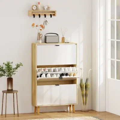 HOMCOM Slim moderní skříňka na boty se 3 sklápěcími zásuvkami pro 24 párů bot, 80x24x127 cm, lesklá bílá
