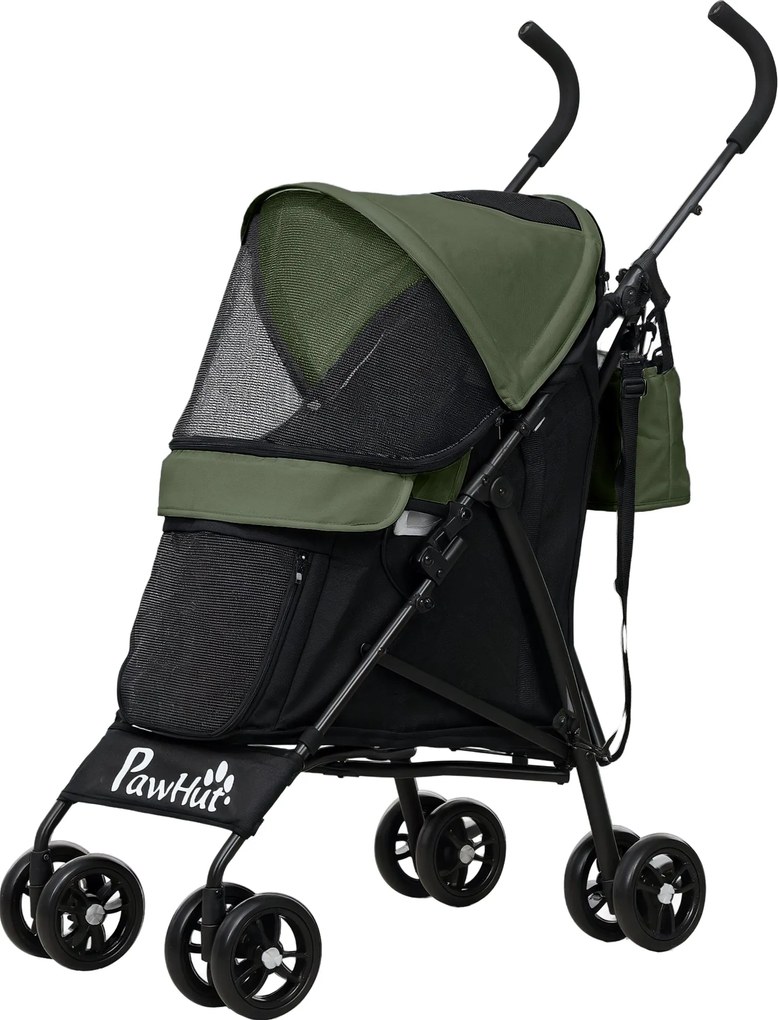 PawHut Kočárek pro psy Skládací Buggy pro psy a kočky s síťovanými okny, ramenním popruhem, úložným vakem a držákem na hrnky Tmavě zelený | Aosom