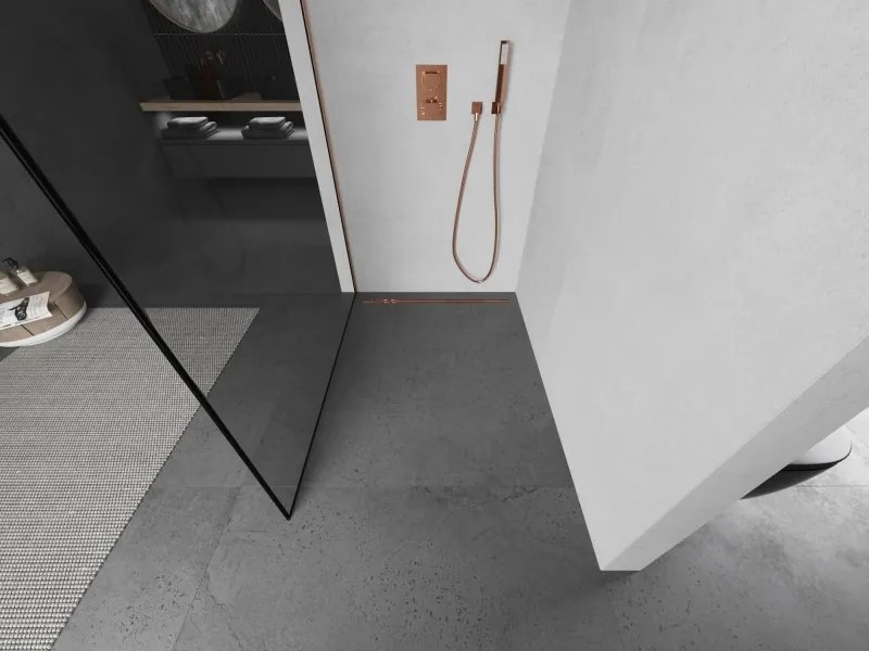 Mexen Kioto, sprchová zástěna Walk-In 150 x 200 cm, 8mm čiré sklo černý vzor, ​​měděný matný profil, 800-150-101-65-70