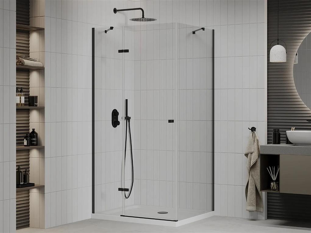 Mexen Roma, sprchový kout s 1-křídlými dveřmi 80 (dveře) x 70 (stěna) cm, 6mm čiré sklo, černý profil, slim sprchová vanička 5cm bílá s černým sifonem, 854-080-070-70-00-4010B