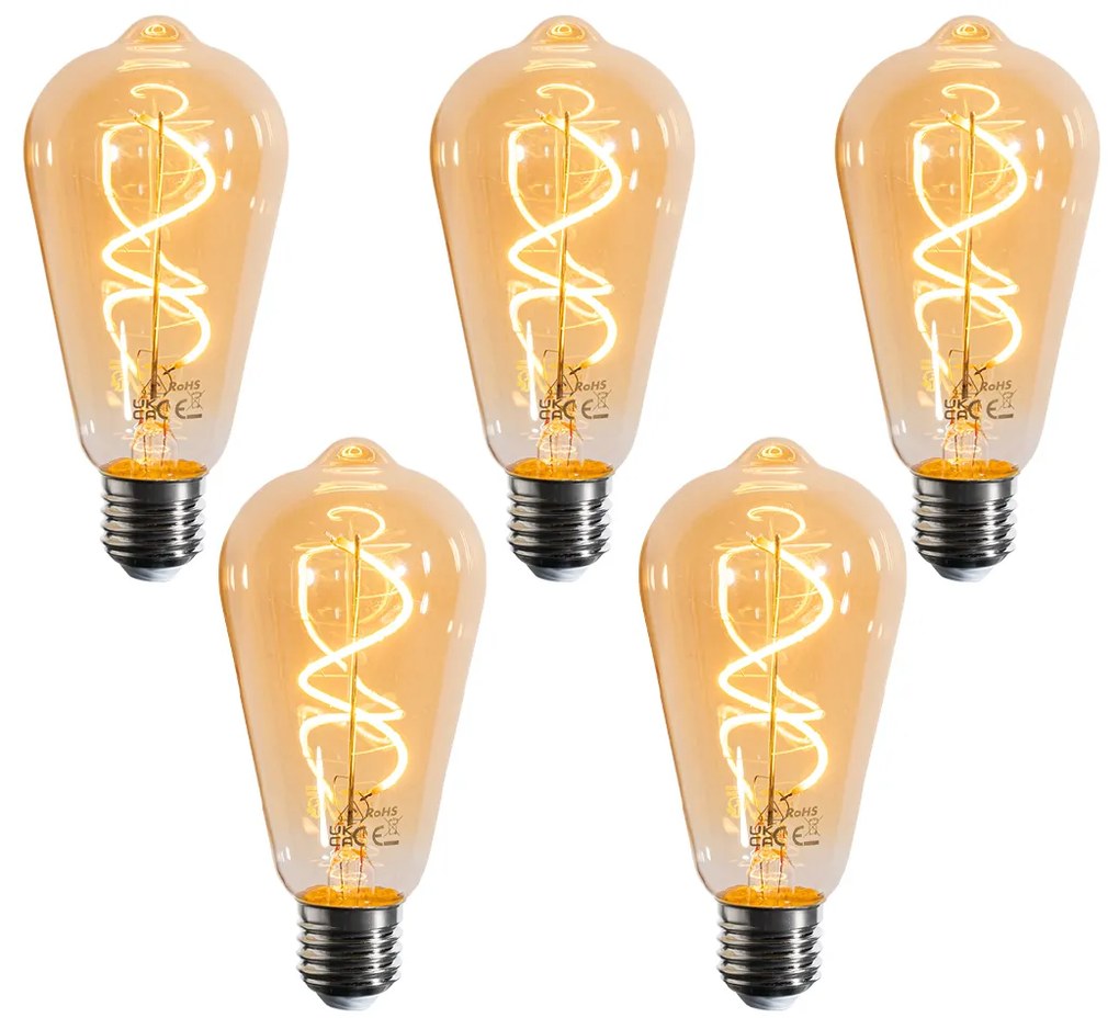 Sada 5 stmívatelných LED žárovek E27 se spirálovým vláknem ST64 zlaté 4W 270LM 2100K