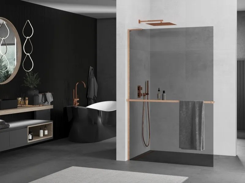 Mexen Kioto+ L, sprchová zástěna Walk-In s poličkou a věšákem 110 x 200 cm, 8mm šedé sklo, měděný matný profil, 800-110-123-65-40