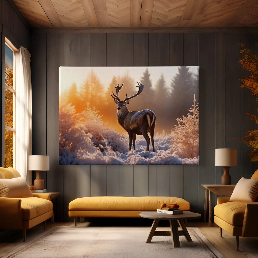 Obraz na plátně - Nádherný jelen v mrazivém slunečném ránu FeelHappy.cz Velikost obrazu: 90 x 60 cm