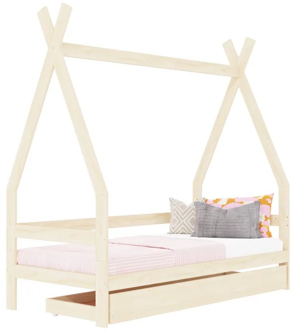 Benlemi Dětská dřevěná postel SAFE 5v1 ve tvaru teepee se zábranou a úložným šuplíkem Zvolte barvu: Bílá, Zvolte rozměr: 90x180 cm, Zvolte zábranu: Se dvěma zábranami