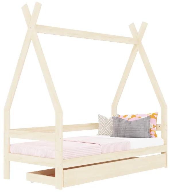 Benlemi Dětská dřevěná postel SAFE 5v1 ve tvaru teepee se zábranou a úložným šuplíkem Zvolte barvu: Cihlová, Zvolte rozměr: 90x160 cm, Zvolte zábranu: Se dvěma zábranami