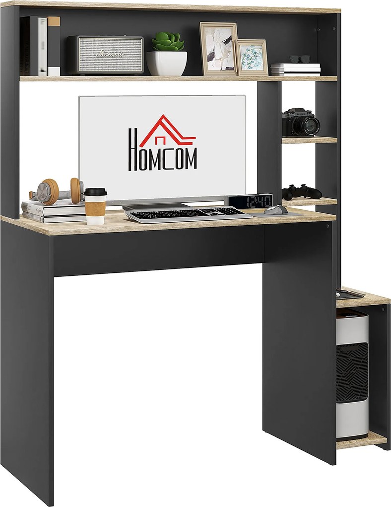 HOMCOM Stůl s policemi Moderní počítačový stůl s podstavcem na monitor CPU Kancelářské studium 114x45x138 cm Šedá a přírodní