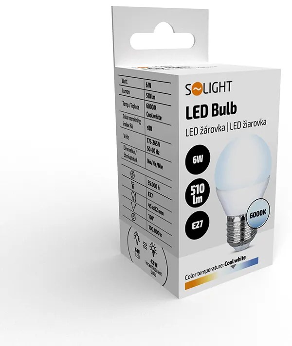 SOLIGHT LED žárovka miniglobe matná P45 6W, E27, 6000K, 510lm