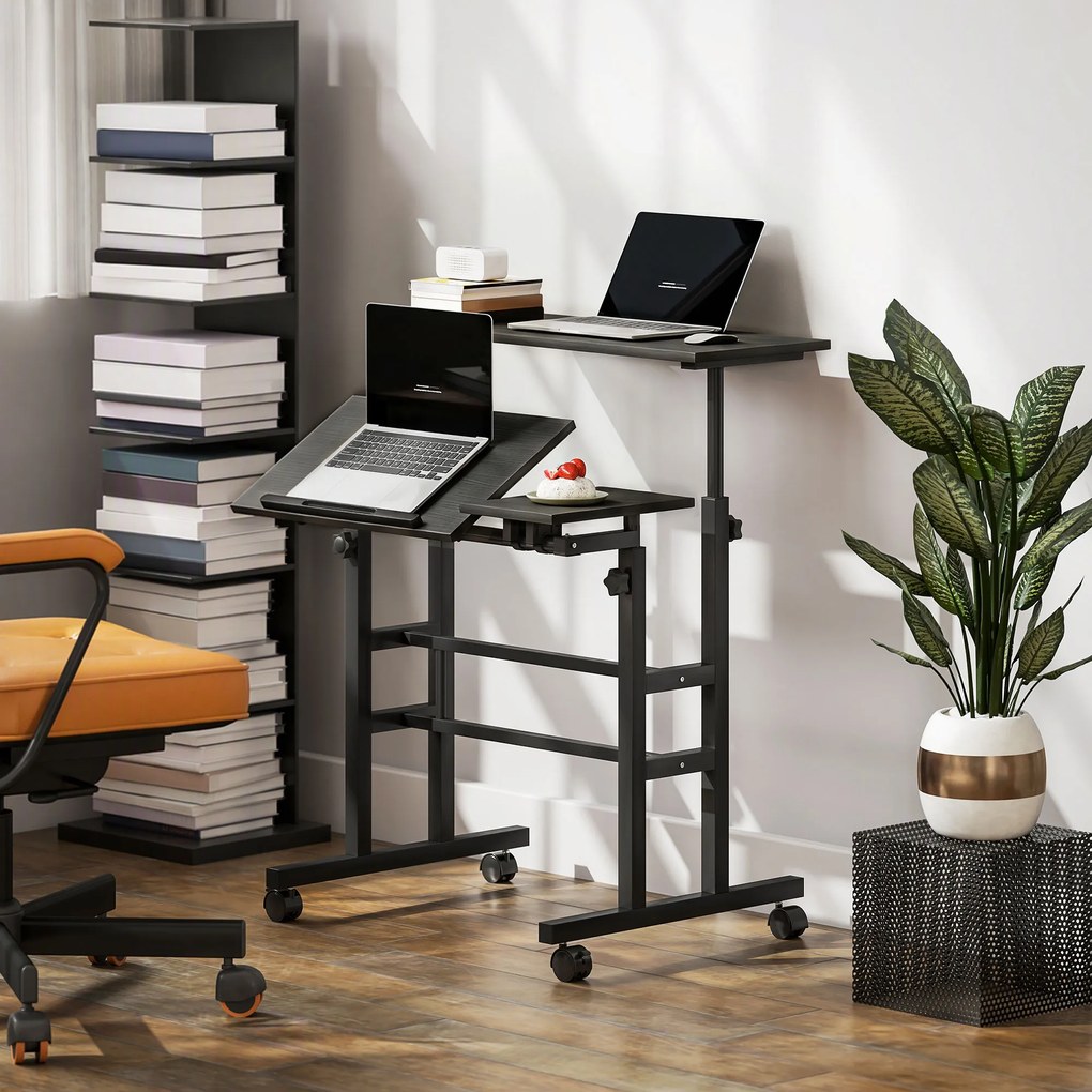 HOMCOM sedací‑stojací stůl výškově nastavitelný 70 x 60 cm na kolečkách s naklápěcí deskou, černý kovový rám