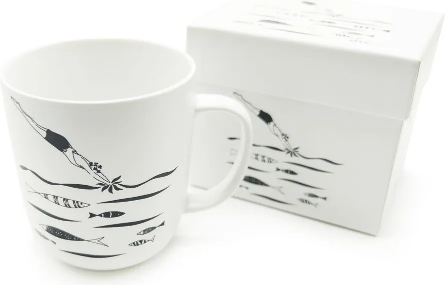 Porcelánový hrnek Plavkyně, bílý, 400 ml – minimalistický, motiv moře, vln a ryb
