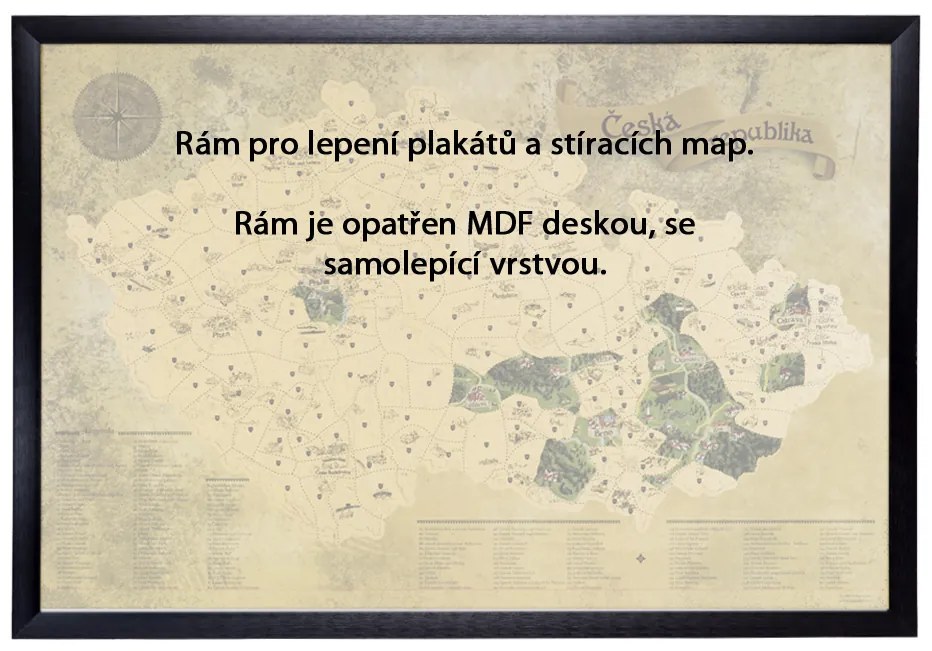 Černý rám na stírací mapy a plakáty 60x90cm se samolepicí deskou