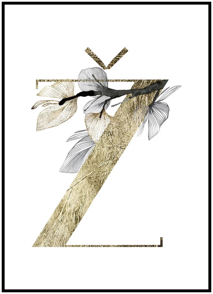 Plakát První písmeno jména - zlatá Rozměr plakátu: A4 (21 x 29,7 cm), Materiál plakátu: 200 g papír, Pozadí: Akvarel, Písmeno: Z
