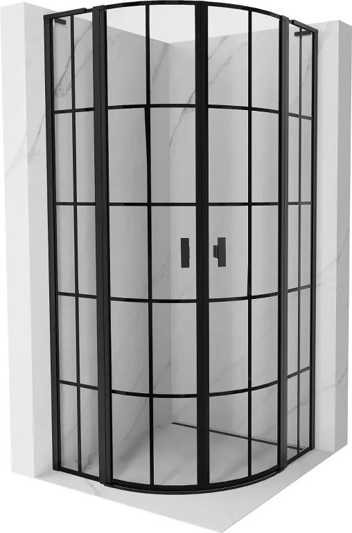Mexen Mist L, čtvrtkruhový sprchový kout s 2-křídlými dveřmi, 80 x 80 cm, 8mm čiré sklo, černý profil, 8A32L-080-080-70-77