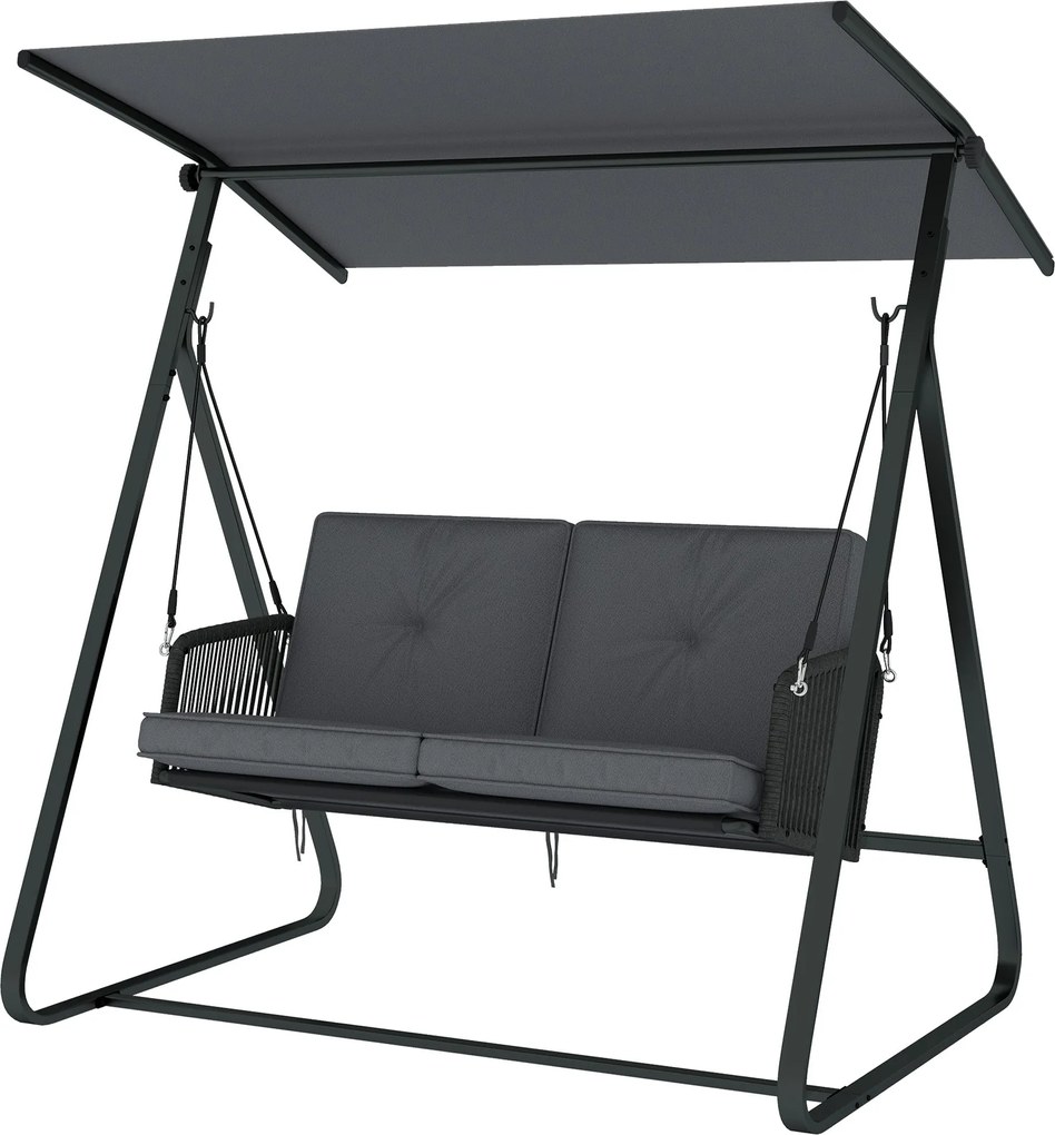 Outsunny ratanová houpačka Hollywood pro 2 osoby s nastavitelnou sluneční stříškou a měkkými polštáři, A‑rám — nosnost 240 kg — 150 x 128 x 168 cm — t