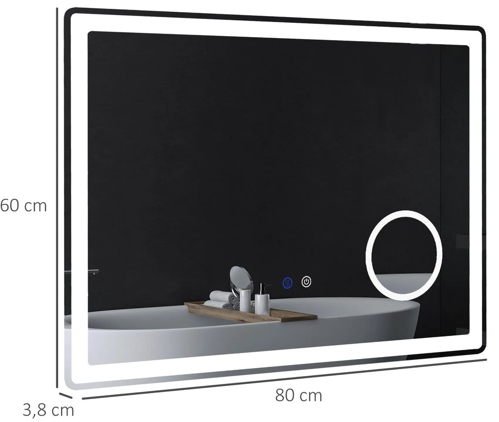 kleankin LED koupelnové zrcadlo Koupelnové zrcadlo s 3x zvětšením a dotykovou funkcí, 80x60 cm, 3 barvy světla, bez mlhy| Aosom