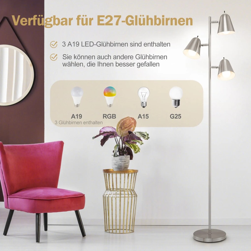 Costway Stojací lampa 163 cm s 3 E27 žárovkami a 360° nastavitelnými stínidly