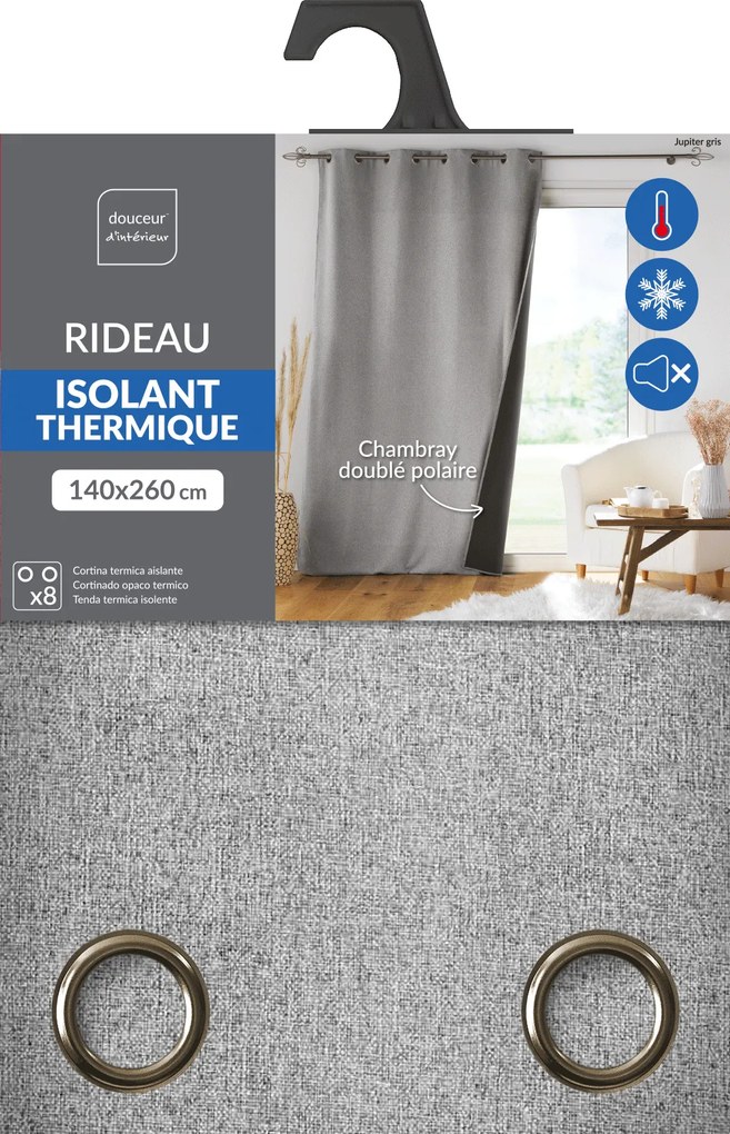 Záclona na průvlečných kroužcích JUPITER GREY, 140 x 260 cm, termoizolační