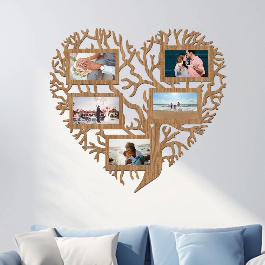 dřevo života Dřevěný fotorámeček Srdcový strom Zvolte barvu dekoru: Dub zlatý, Zvolte velikost celého fotorámečku (cm): 75x75, Zvolte velikost fotografie (cm): 10x15