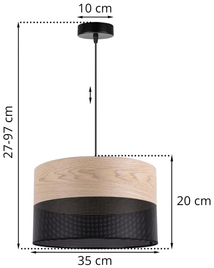 Závěsné svítidlo Wood, 1x béžová dubová dýha/černé plastové stínítko, (fi 35cm)
