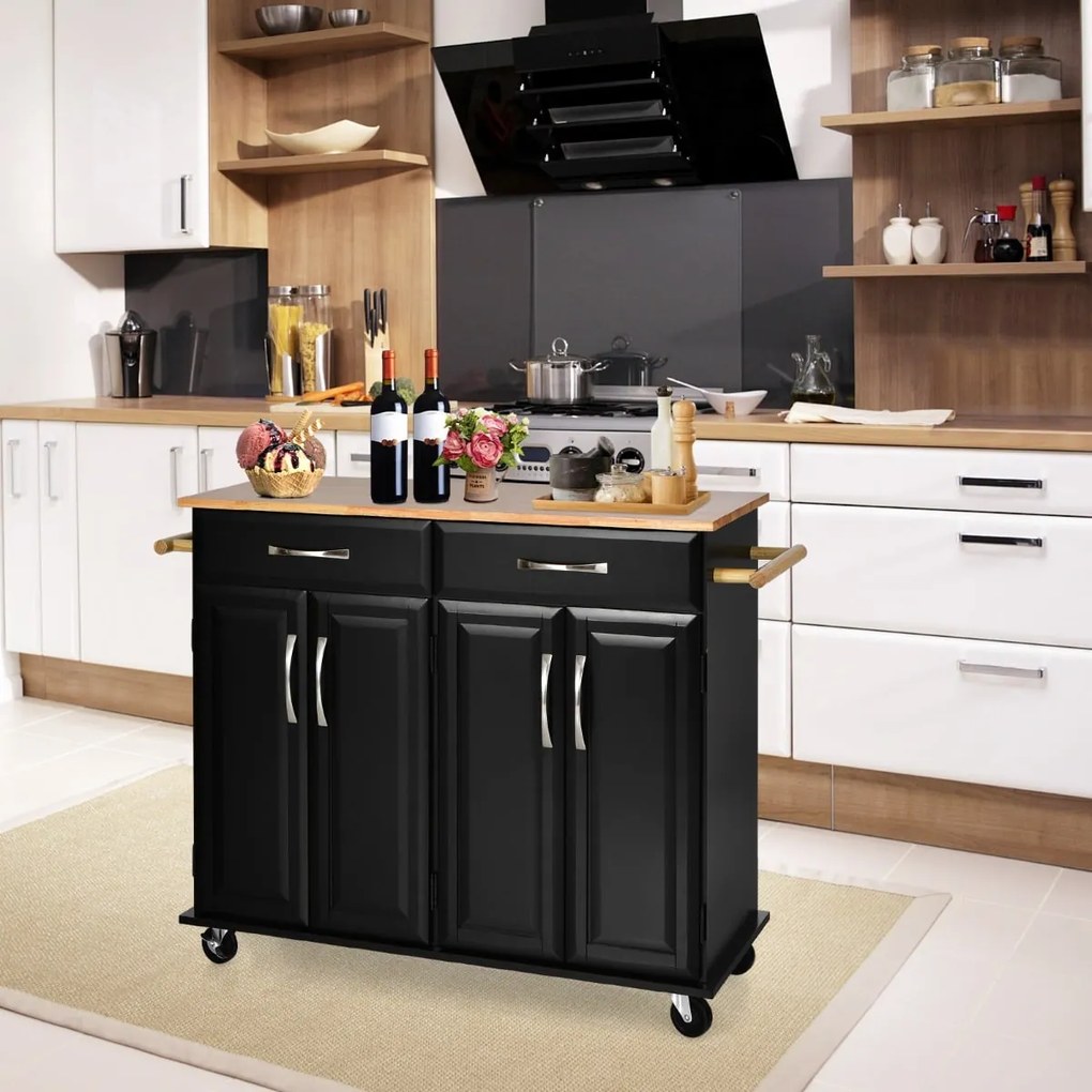 Costway Rolling Kitchen Island vozík s kaučukovou pracovní deskou 4 – černý
