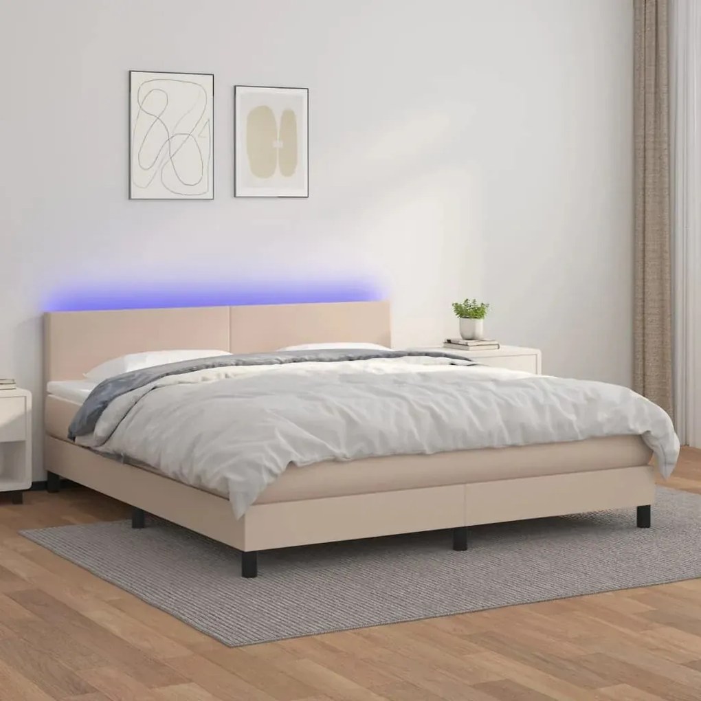 Box Spring Postel Matrace A Led 160X200Cm Umělá Kůže Cappuccino Hladký desi