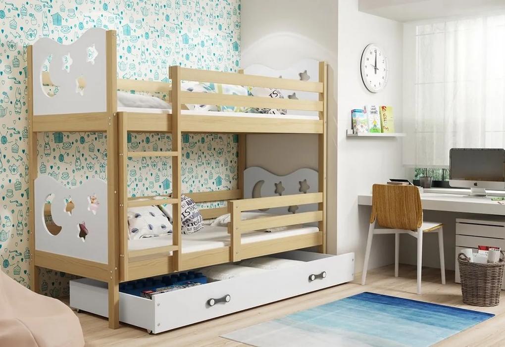 Patrová postel KAMIL 2 + úložný prostor + matrace + rošt ZDARMA, 80x190, borovice, bílá