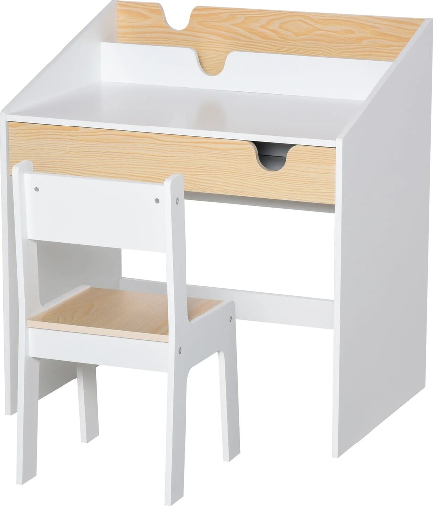 Dětský stůl s židlí HOMCOM pro děti ve věku 3-6 let, 2 v 1, set 2 kusů se šuplíkem a knihovnou 70x50x75 cm, bílá a přírodní | Aosom